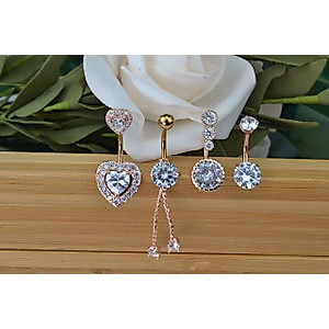 14G Surgical Steel Belly Button Rings Round/Love Heart Clear CZ Navel Curved Barbell Studs Sexy Body Piercing (4PCS - Rose Gold)