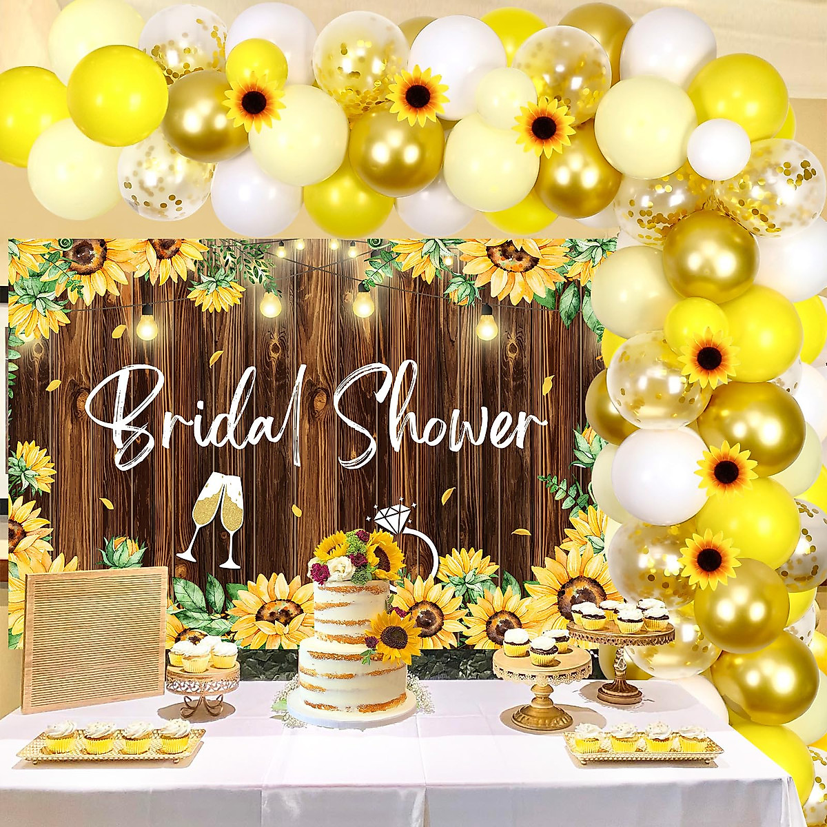 Yellow Sunflower Balloon Garland Arch Kit, Sunflower Bridal Shower Backdrop - Yellow White Gold Bachelorette Party Decorations with Artificial Flowers for Wedding Engagement Party Supplies
