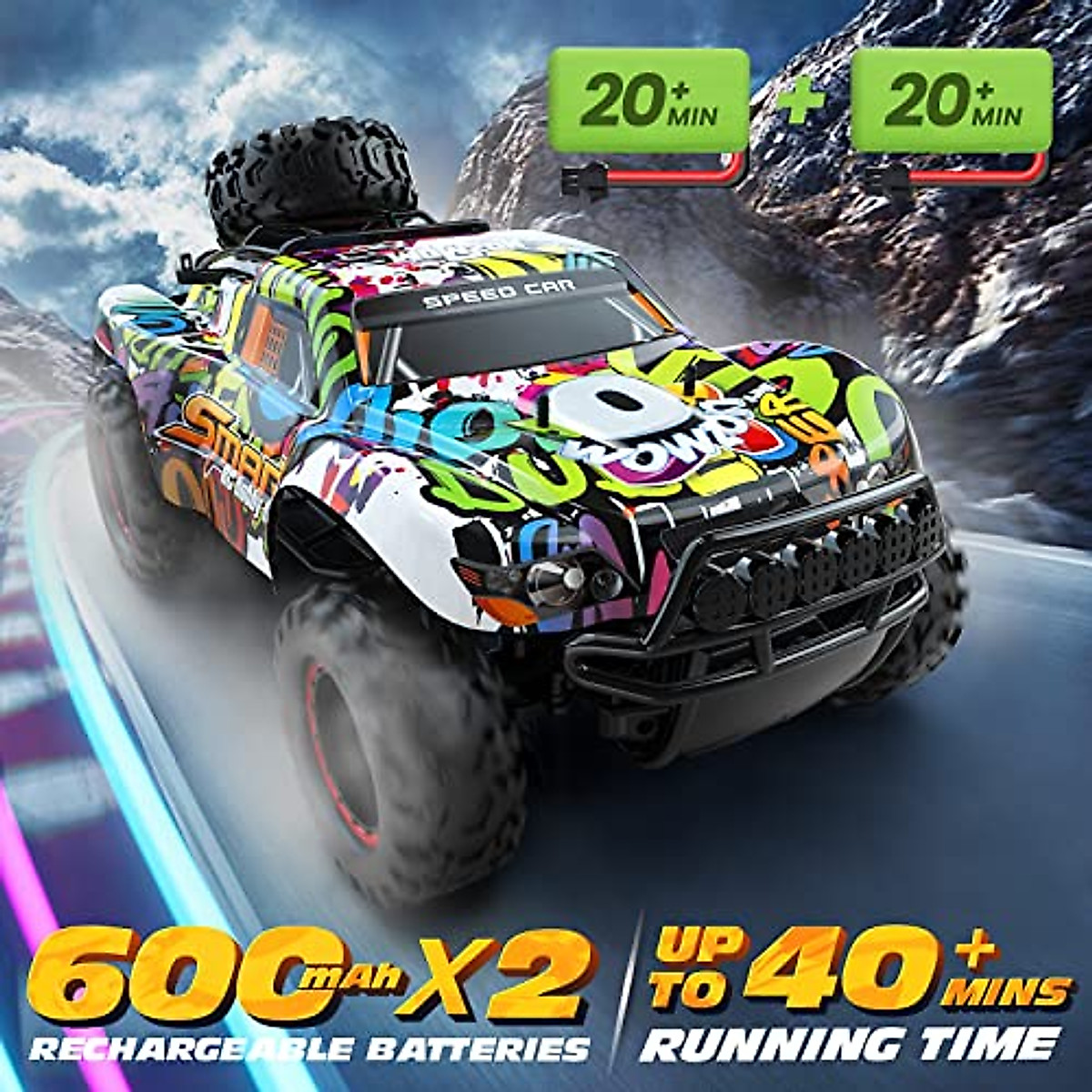 O WOWZON 1:12 Scale Short-Course RC Truck Large 4WD Hobby Crawler Grade Replaceable Spare Tire All Terrains Monster Crawler 2 Rechargeable Batteries for Age 6+ Boys Kids and Adults