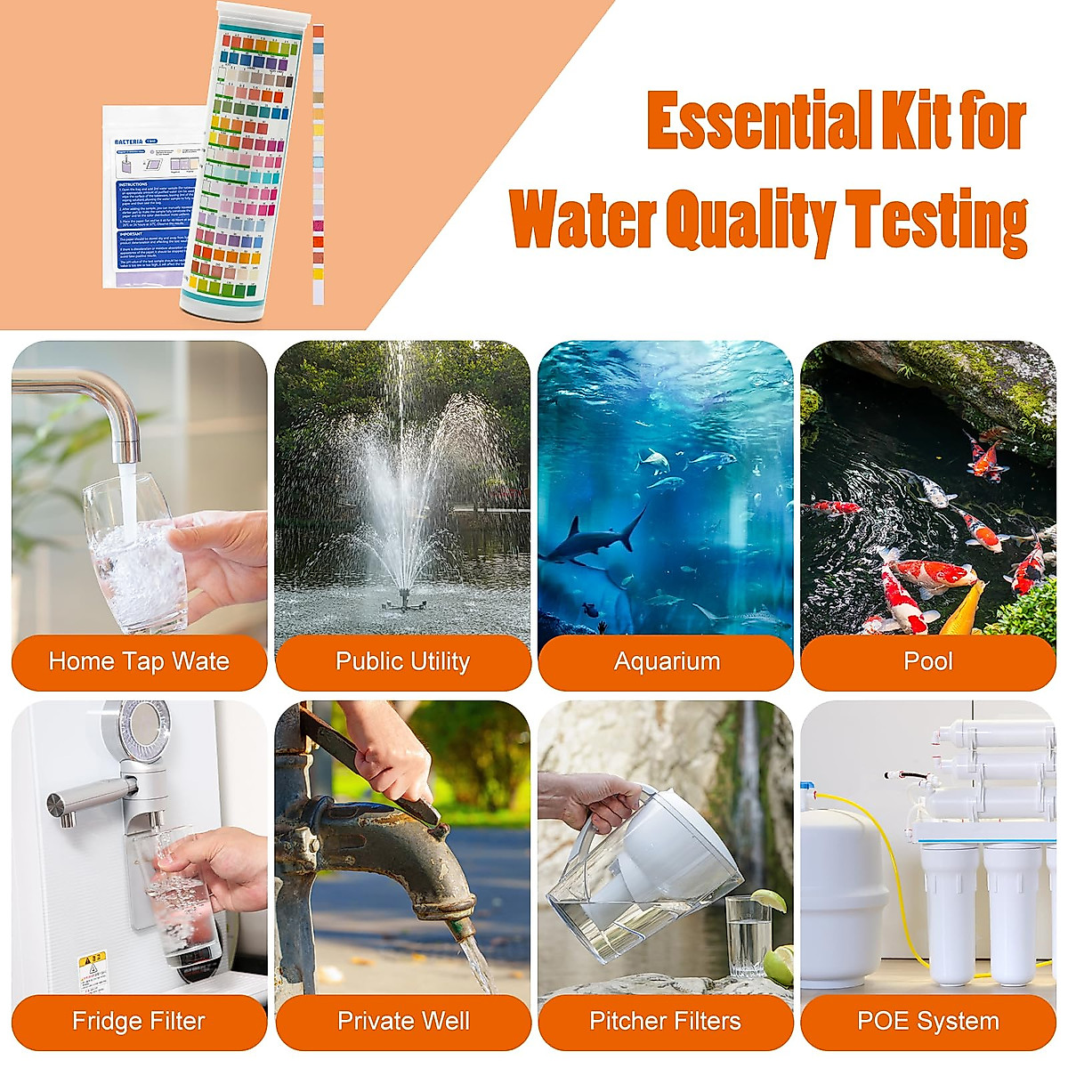 125+8P Drinking Water Testing Kit for Home, Anglekai Water Testing Kit with 125P Testing Strips/ 4P Bacteria Tests/Tube/Dropper/Timer/Instruction, Well Water Test Kit for Home Water Quality Test