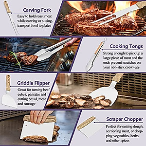 Griddle Accessories Kit Outdoor, Leonyo 17Pcs Heavy Duty Flat Top Grill Accessories for Cast Iron, Stainless Steel Metal Spatulas Set with 13" Rectangular Melting Dome, Burger Press, Tongs, BBQ Fork