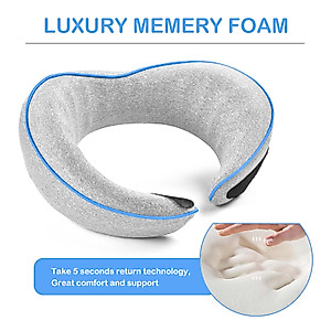 Cozary Travel Neck Pillow Portable Soft Memory Foam Neck Support Travel Pillow U Shape Supportive Adjustable Neck Pillows with Skin Friendly Breathable Cover for Travel Office Car Bus Plane Grey
