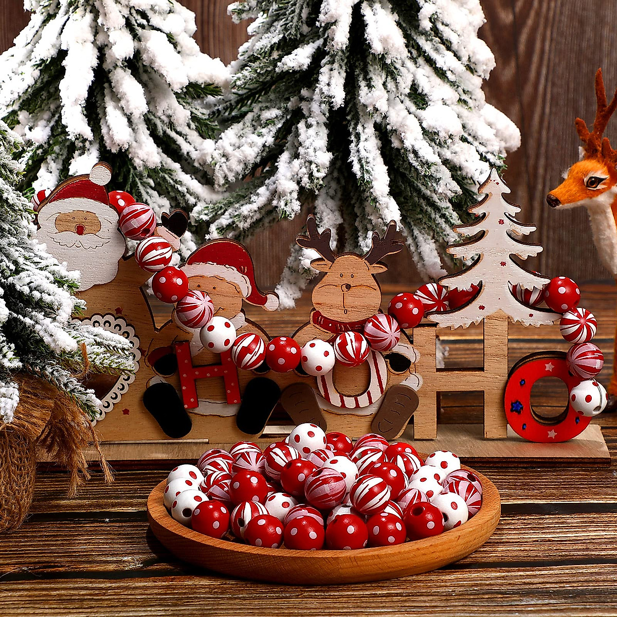 100 Pieces Candy Cane Wooden Beads 0.63 Inch Christmas Dotted Striped, Colorful Round Spacer Natural Farmhouse Craft Beads with Hole for DIY Craft Supplies Holiday 4 Colors (red)