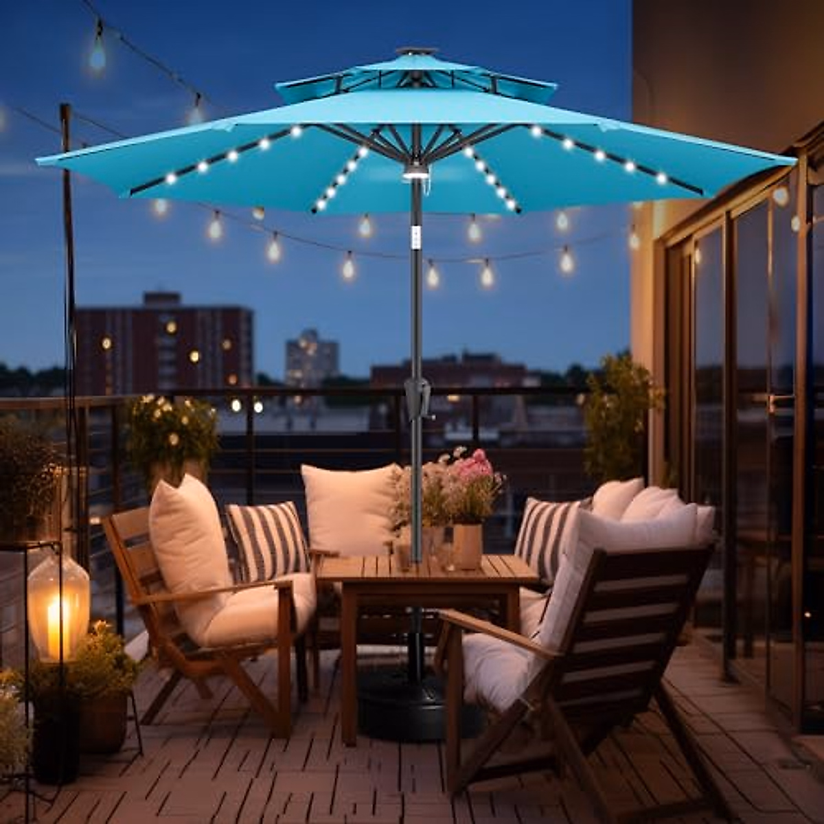FLAME&SHADE 9 ft Double Top Solar Powered Outdoor Market Patio Table Umbrella with LED Lights and Tilt, Aqua Blue
