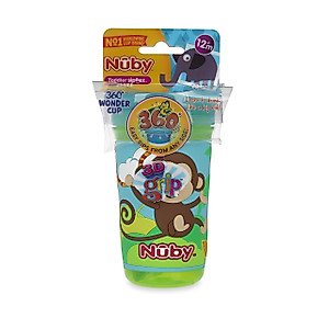 Nuby 360 Degree Easy Sip 3D Grip Wonder Cup with Printed Silicone Sleeve, 10 Oz, Monkey