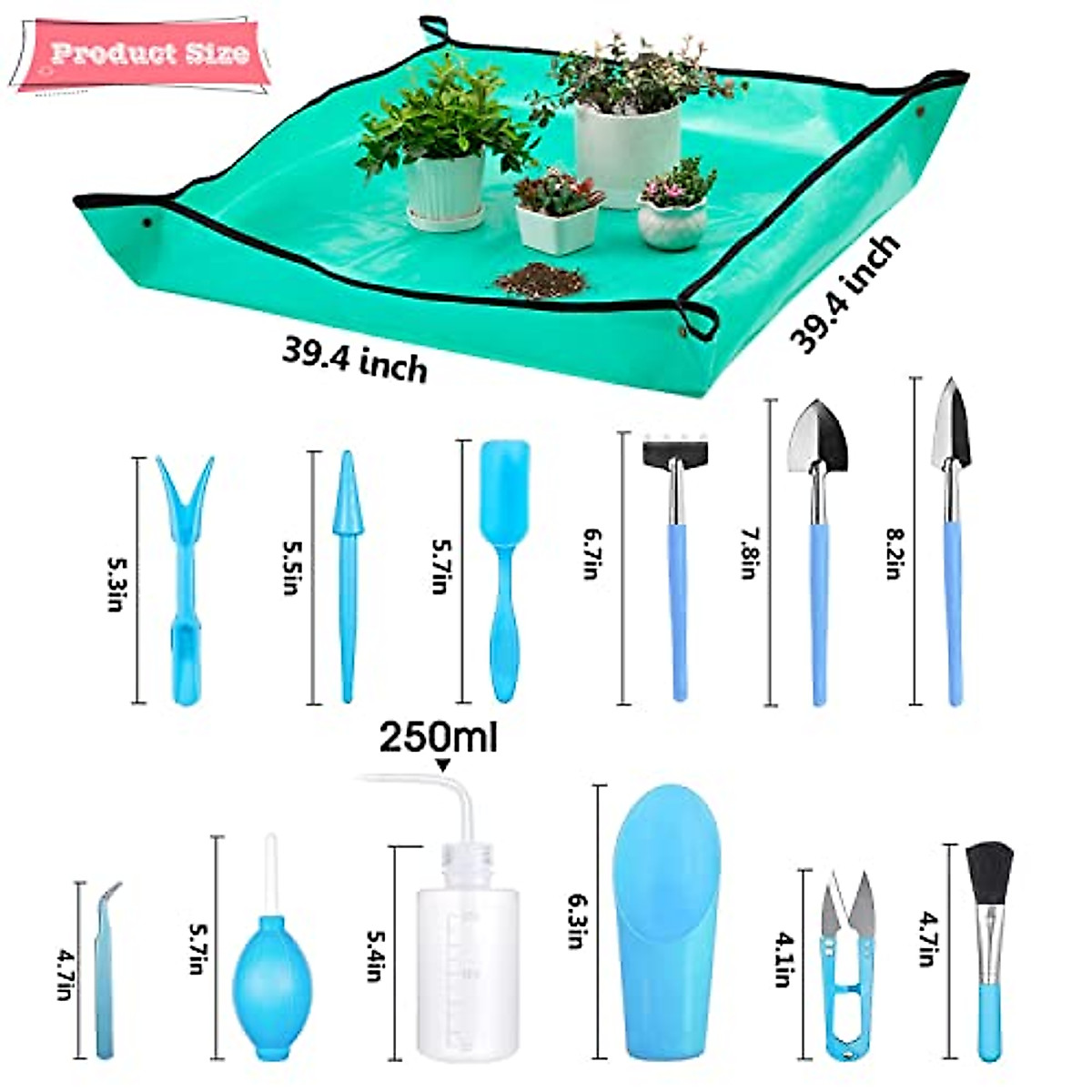 Melphoe 23Pcs Mini Garden Hand Transplanting Succulent Tools Set, 39.4" Thickened Repotting Mat & Plant Tag, Miniature Planting Indoor Fairy Care, Potting, Cactus, Houseplant Bonsai Tool Kit (Blue)