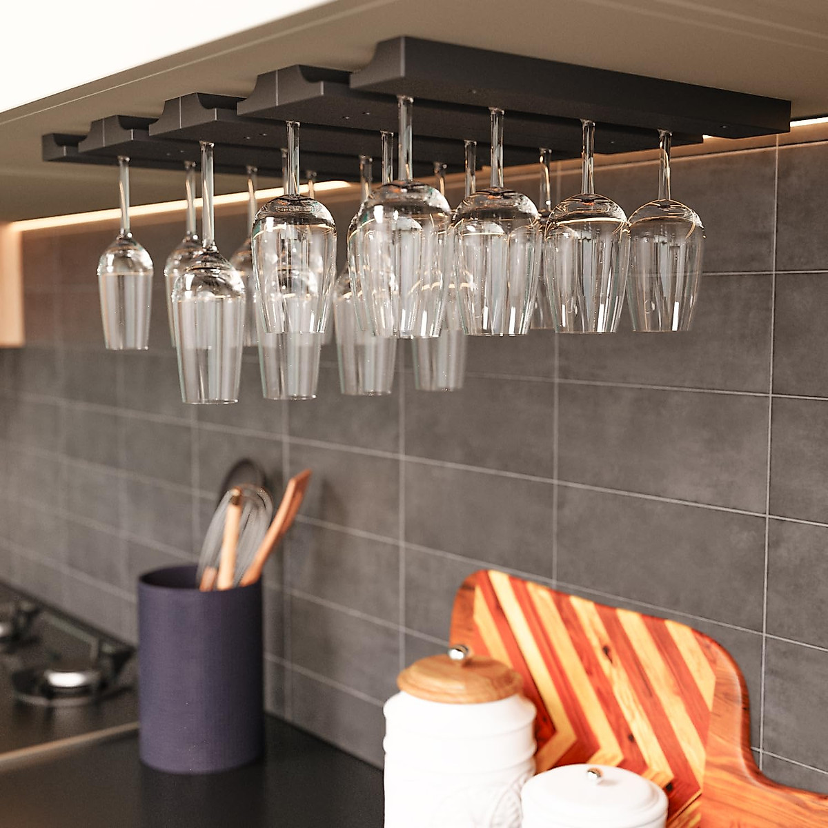 Rustic State Vigo 4 Sectional Adjustable Under Cabinet Mount Wood Stemware Rack Hanging Shelf Glassware Holder Bar Organizer with up to 12 Wine Glass Storage 12 Deep Long Black