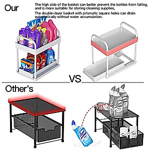 2 PACK Under Kitchen Sink Organizers and Storage, 2 Tier Under Sink Organizer for Bathroom Cabinet, Undersink Organizer Sliding Drawer with Hooks, Hanging Cup for Narrow Space By SMATHOM, White