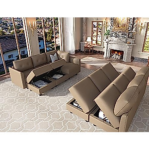 LLappuil Oversized Modular Sectional Sofa with Storage, Faux Leather Fabric U Shaped Sectional with Chaise, 12 Seater Modular Sleeper Couch for Living Room, Cognac