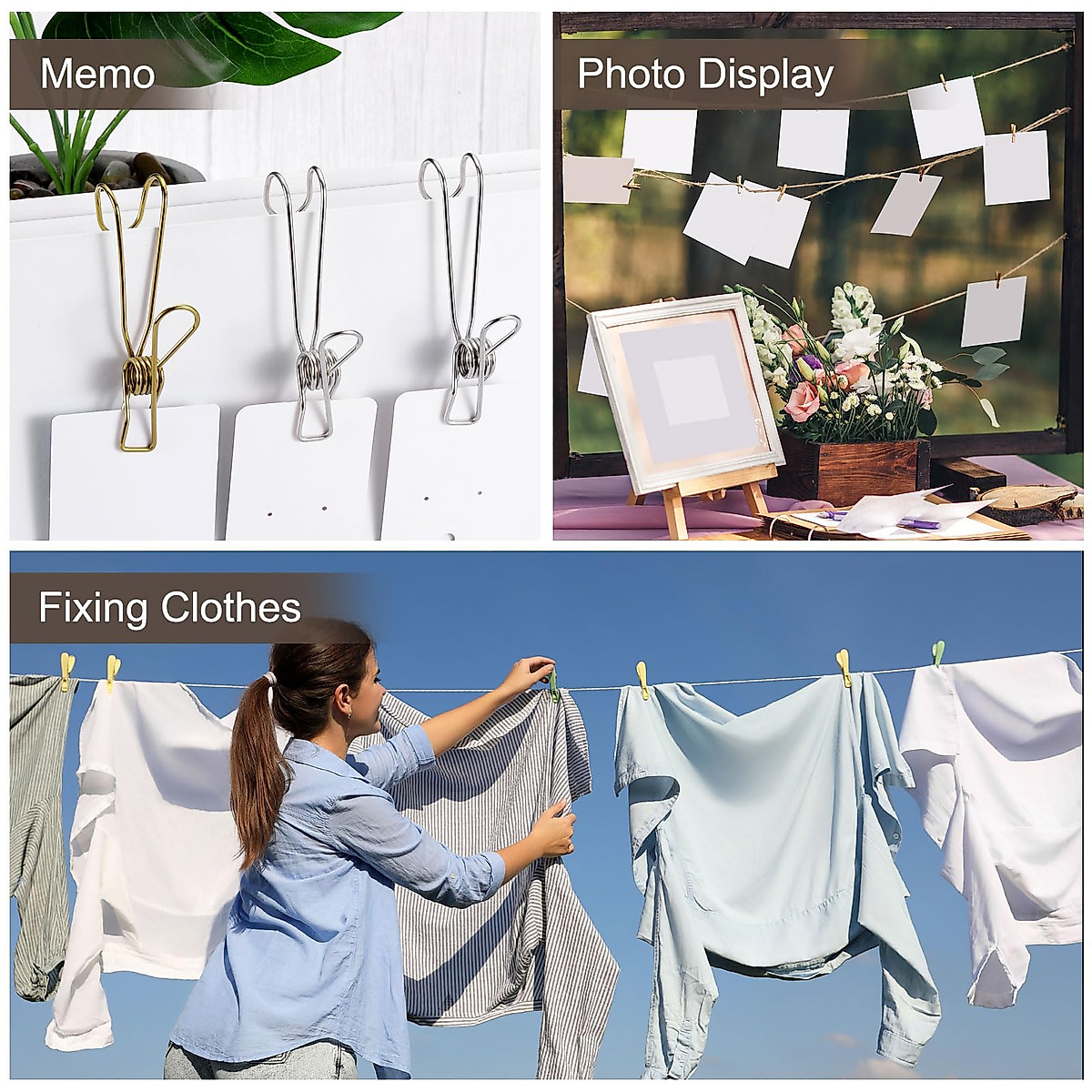 uxcell 20Pcs Clothespin with Hook Stainless Steel Universal Hanging Clips for Laundry Clothes Display Photo Storage Item (92mm Gold)