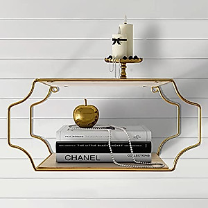 Dianhengmi Rectangular Floating Shelves Wall Decor, Gold Metal Wire and Wood Wall Mounted Large Space Storage Shelf Home Decorations Art for Bedroom Living Room Kitchen Bathroom, Set of 3
