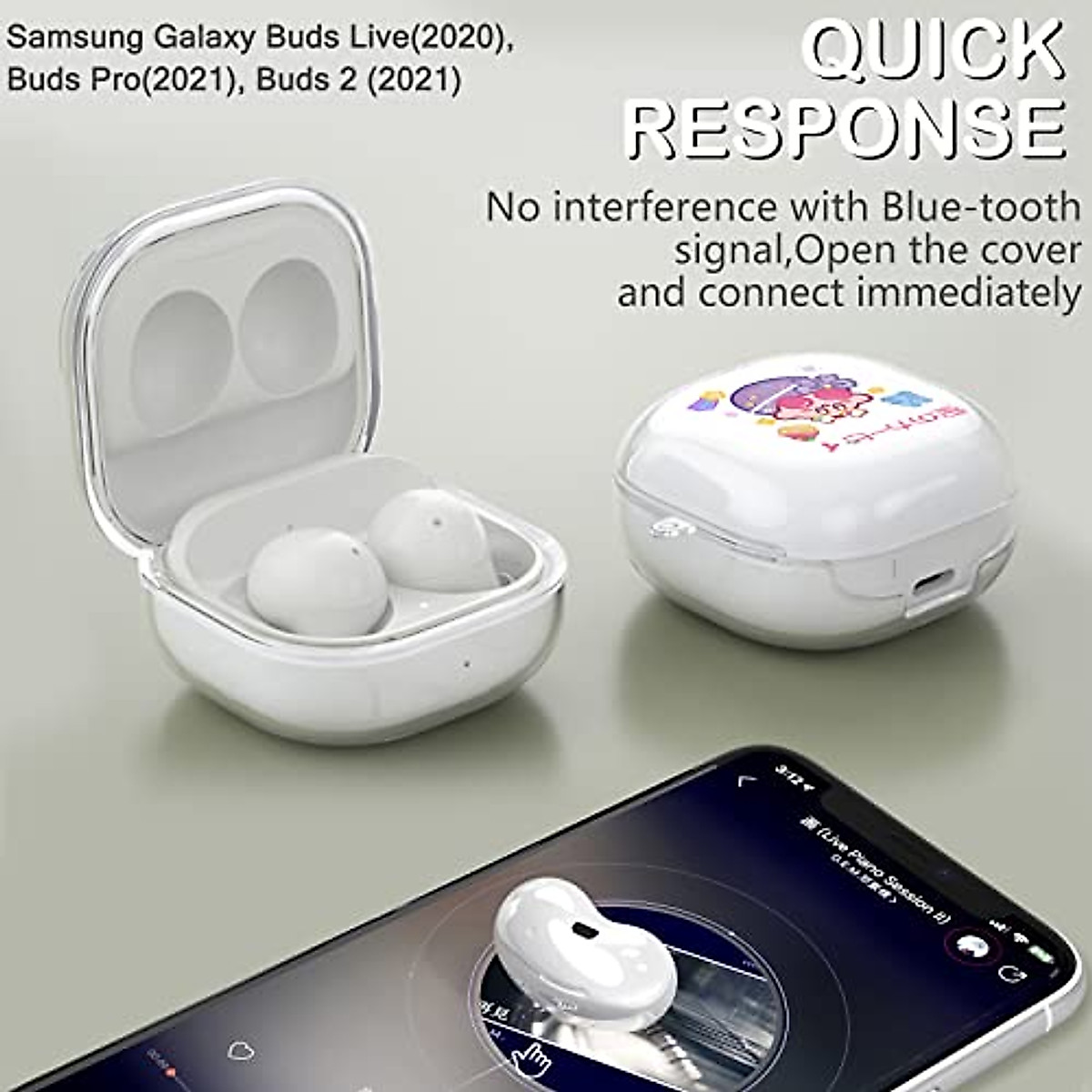 Cute Anime Case Cover for Samsung Galaxy Buds 2 Pro (2022) /Galaxy Buds 2/Buds Pro Case/Buds Live Case with Pink Ball Keychain for Women Girls Kids Teens Clear Cartoon Pattern Soft TPU Cover