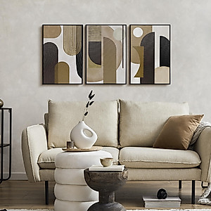 ArtbyHannah Framed Abstract Canvas Wall Art with black and Brown Geometric Prints, Boho Wall Art for Modern Living Room Bedroom, 16x24 Inch Set of 3