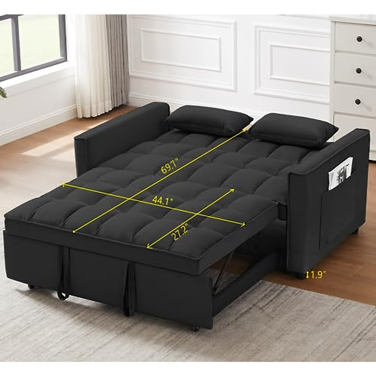 Lin-Utrend 55''Convertible Sleeper Sofa Couch with Adjustable Backrest, Modern Velvet 2 Seater Sofa with Pull-Out Bed with 2 Pillows, Small Love Seat Lounge Sofa Bed for Small Space (Black)