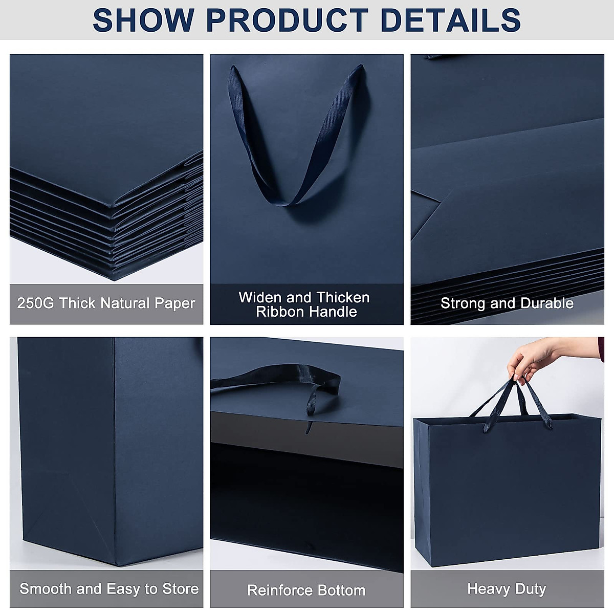 Katfort Large Navy Blue Gift Bag with Handles 12 Pack, 16''×6''×12'' Extra Large Gift Bag with Ribbon Handles, Reusable Heavy Duty Kraft Paper Bags Bulk for Shopping, Wedding, Party, Gift, Retail