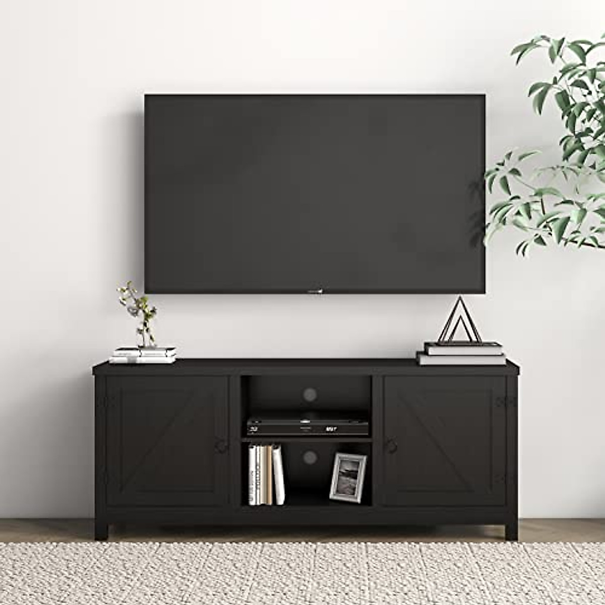Panana Modern Farmhouse TV Stand for 65 inch TV, Entertainment Center with Storage and Open Shelves, Wood TV Stands TV Table Stand for Living Room, Bedroom (Black, for 32"-65" TV)