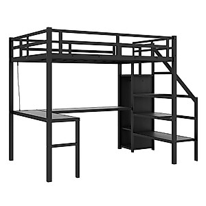 Linique Full Size Gaming Loft Bed with L-Shaped Desk, LED and Charging Station, Metal Loft Bed with Wardrobe and Adjustable Shelf for Kids Teens Adults, Black