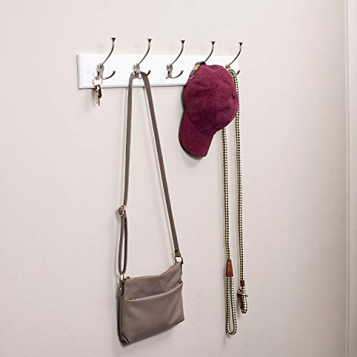 BIRDROCK HOME Tri Hook Coat Rack - 5 Hooks - Wall Mount Hat Rack - White Finish - Satin Nickel Hooks