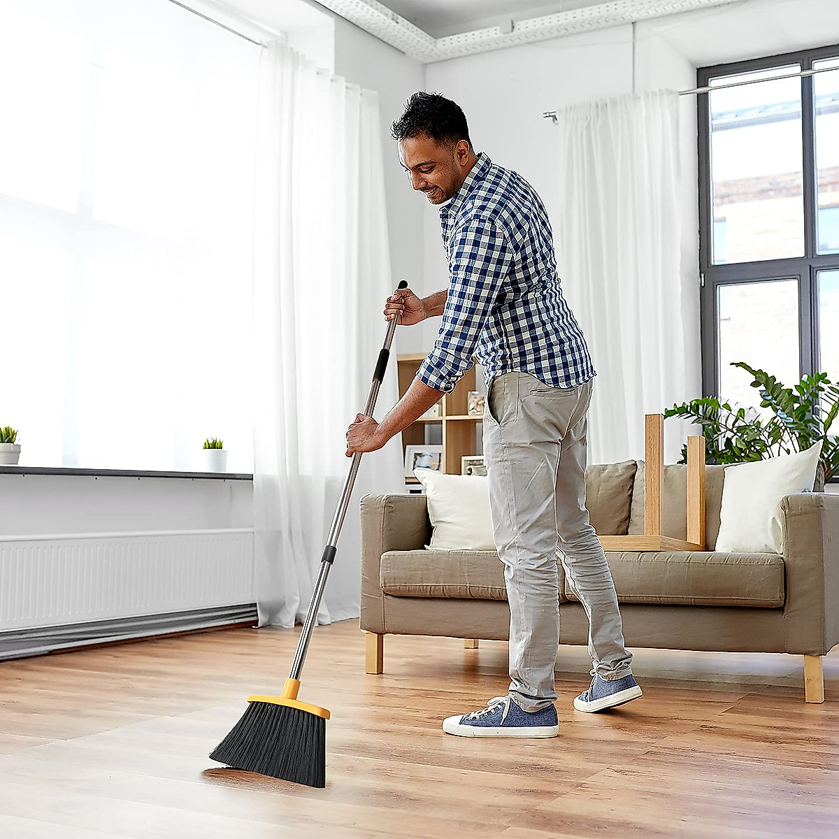 Nawati 54 inch Kitchen Broom, Stiff Bristle Broom for Indoor Outdoor Cleaning, Large Angle Household Brooms for Home Patio Garden Garage Pet Hair Sweeping-Yellow