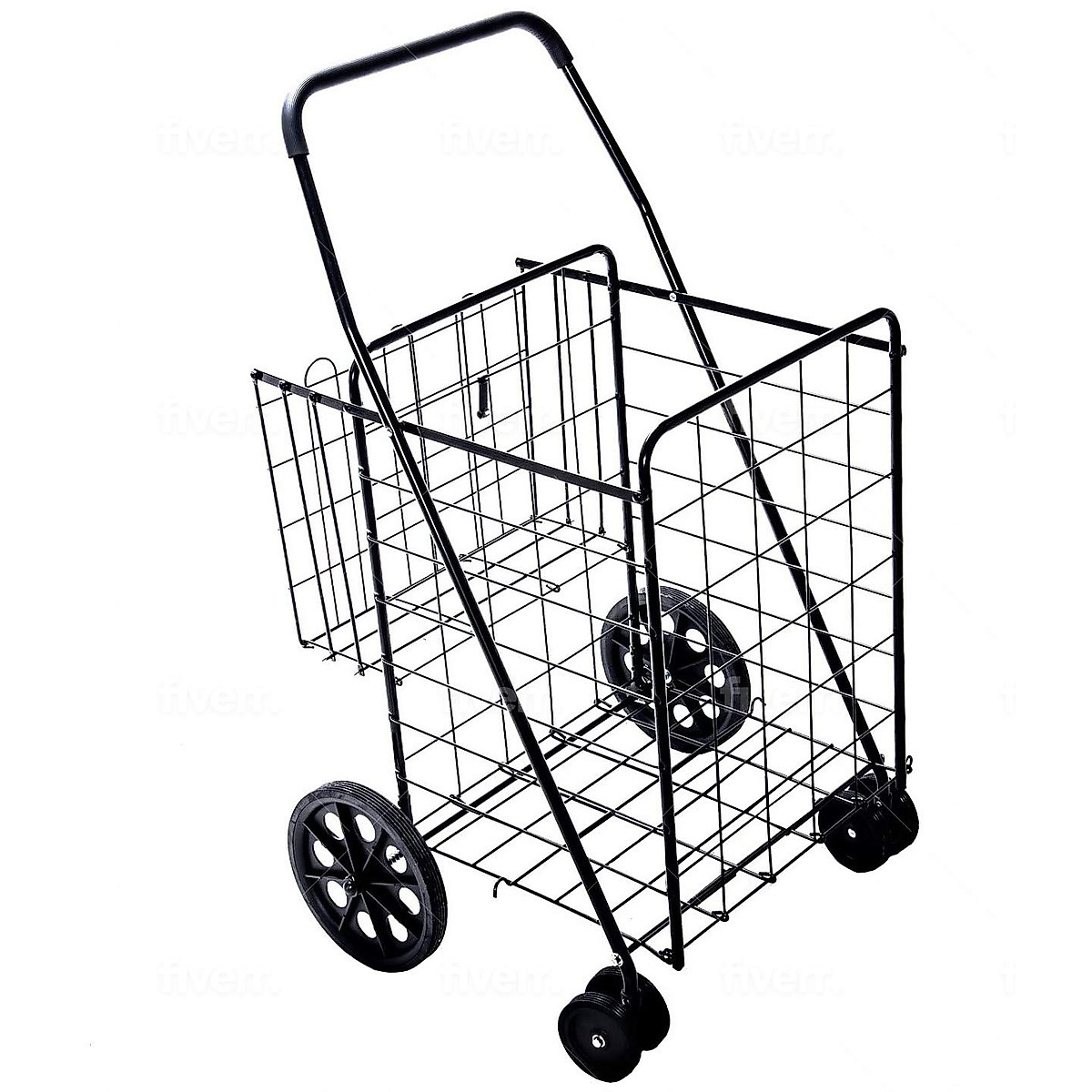 LS Jumbo Deluxe Foldable Utility Shopping Cart with Dual Swivel Wheels and Double Basket- 200 lb Capacity