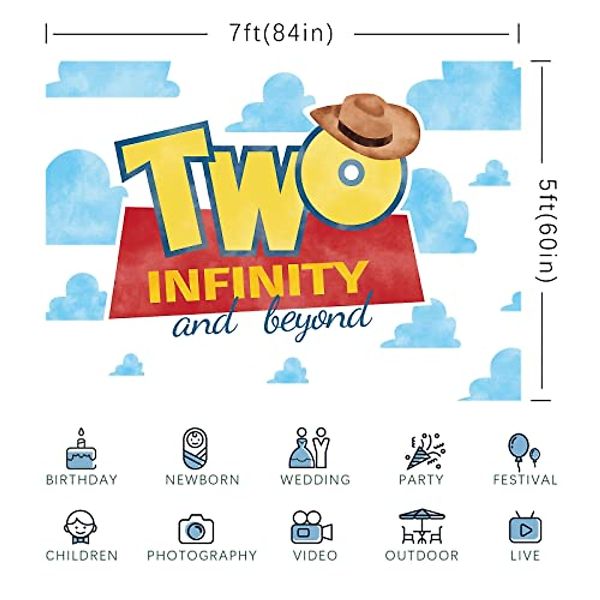 Rsuuinu Two Infinity and Beyond Backdrop 2nd Birthday Hat Blue Clouds Birthday Party Supplies Decorations Photography Background for Kids Boys Second Birthday Cake Table Banner Photo Booth Props 7x5ft