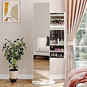 YITAHOME Jewelry Mirror Cabinet with Lights Full Length Mirror Jewelry Armoire LED Jewelry Organizer with 1 Coat Hanger, 4 Hooks, Standing Jewelry Armoires with Storage Shelves