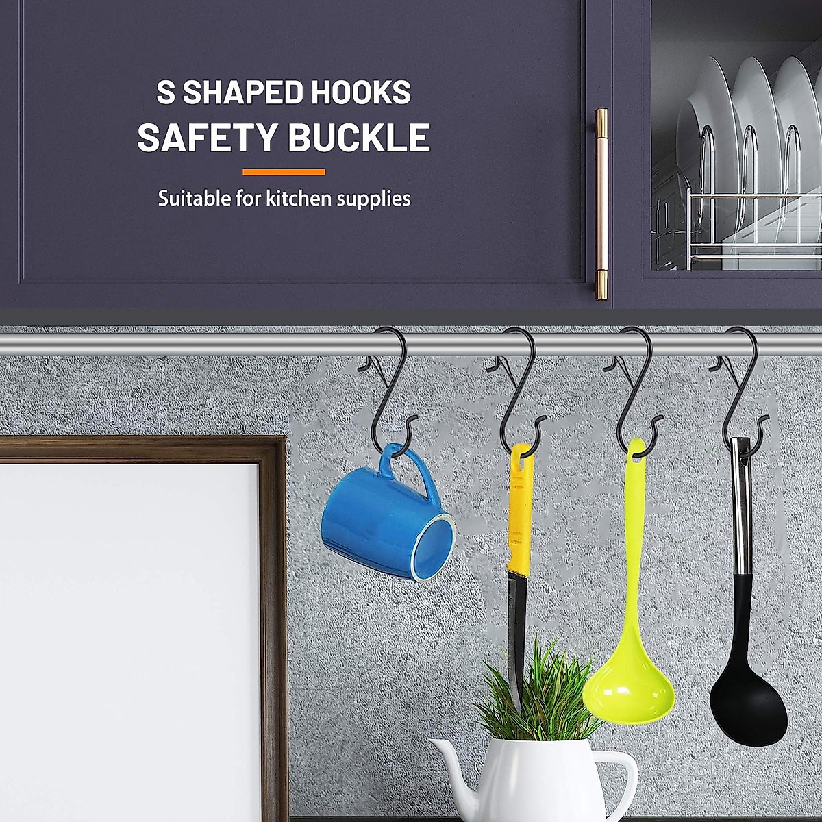 12 PCS S Hooks for Hanging with Safety Buckle, 3.5 inch Heavy Duty Metal S Shaped Hooks for Kitchen Utensil, Cups, Pots, Plants, Bags, Hats (Black)