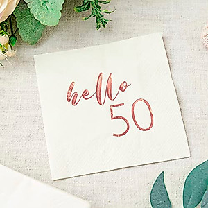 Crisky Rose Gold Hello 50 Cocktail Napkins for Women 50th Birthday Decorations, 3-Ply 50th Birthday Disposable Cake Beverage Dessert Napkins, 50 Pcs