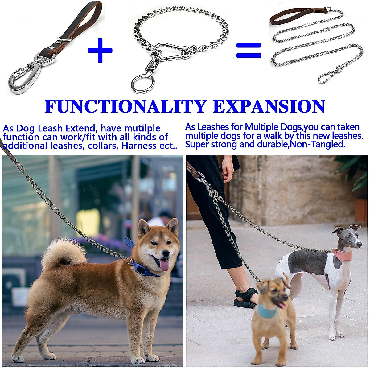 Dog Chain Collars 304 Stainless Steel Metal Chew Proof Dog Necklace Anti Winding Dog Leash Extension Lead for Small Medium Large Dogs Training and Walking. (Small：18in x 2.5mm(Neck max 16in))
