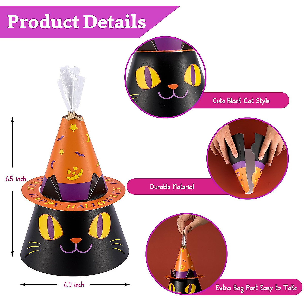 PARBEE Halloween Treat Boxes 20 Set Black Cat Candy Box with Cellophane Cookie Bags & Twist Ties, Trick or Treat Goodie Bags Halloween Party Tabeltop Centerpiece