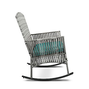 CIRMUBUY 3 Piece Patio Conversation Set, Outdoor Rocking Chairs Set of 2, Wicker Furniture Set with Glass Top Coffee Table and Cushions for Porch Garden Backyard Lawn (Grey Rattan, Blue Cushion)