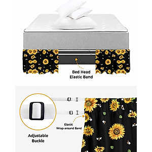 Sunflower Bee Bed Skirt King Size 16 Inch Drop, Adjustable & Elastic Wrap Around Bed Skirts Pleated Luxury Dust Ruffles for Twin Full Queen Cal King Base Bed, Rustic Spring Floral Flowers Black