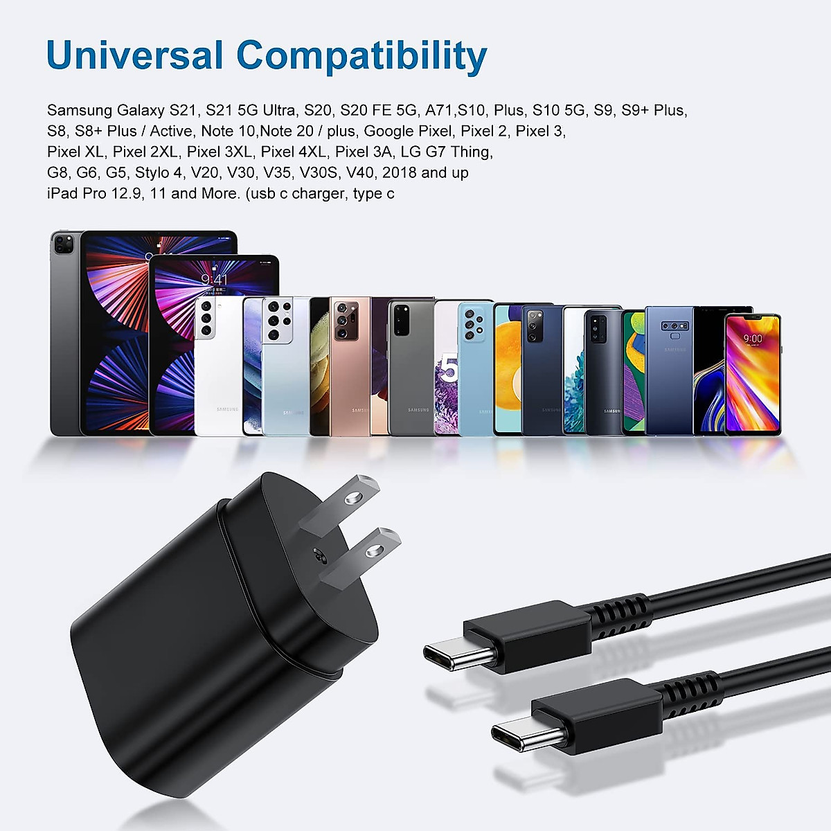 Type C Charger, 25W PD USB C Wall Charger Super Fast Charging Block 2Pack& 9.5ft+9.5ft USBC Android Phone Charger Cable Cord for Samsung Galaxy S23 Ultra/ S23+/ S23/ S22 S21 S20 Ultra Plus FE/Note 20