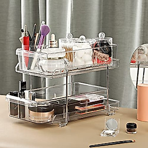 2 SET, 2 Tier Clear Organizer with Dividers, Multi-Purpose Slide-Out Storage Container, Bathroom Vanity Counter Organizing Tray, Under Sink Closet Organization, Kitchen Pantry Medicine Cabniet Bins
