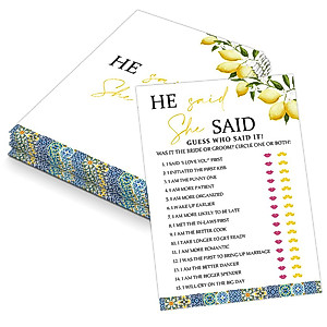 Blue Tiles and Lemons He Said She Said Game for 30 Guests with Game Cards, Lemons Bridal Shower Game, Modern Bridal Shower Decorations, Wedding Shower or Bachelorette Party Supplies - 02