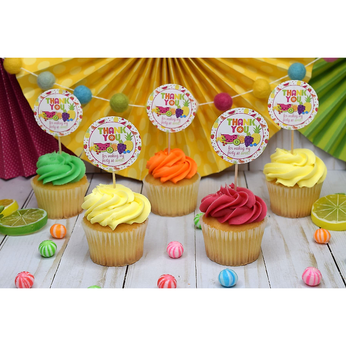 Tutti Fruitti Birthday Party Thank You Sticker Labels, 40 2" Party Circle Stickers by AmandaCreation, Great for Party Favors, Envelope Seals & Goodie Bags