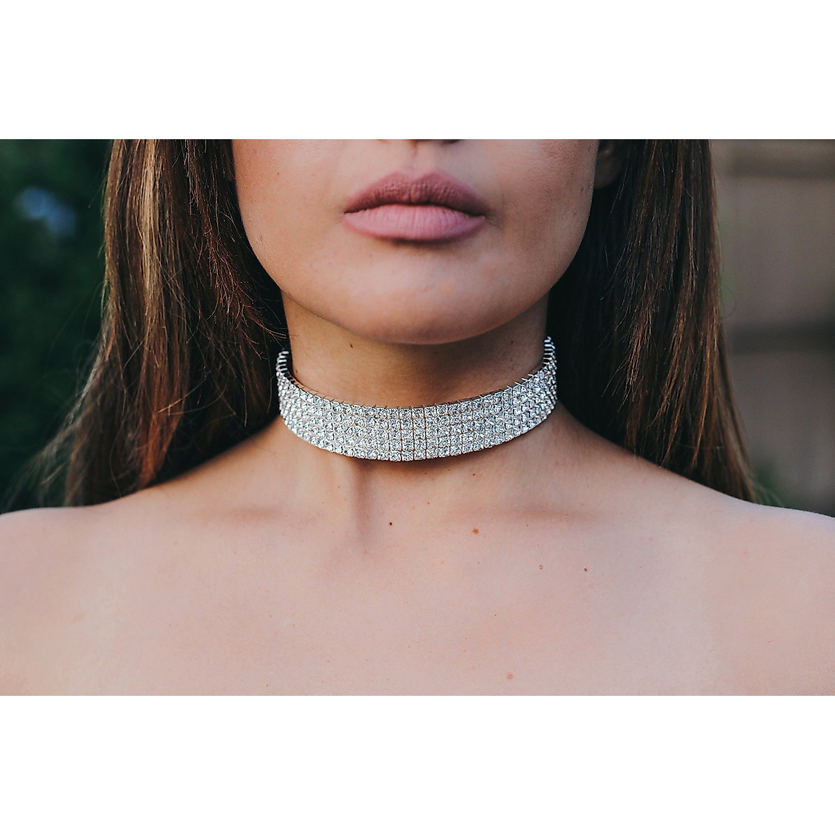 Rhinestone Choker 5 Row Silver by LuxeLife – Women’s Crystal Look Necklace with 5 Inch Extender Chain – Classic Fashion Jewelry Accessories – Matches Earrings and Bracelets Flawlessly