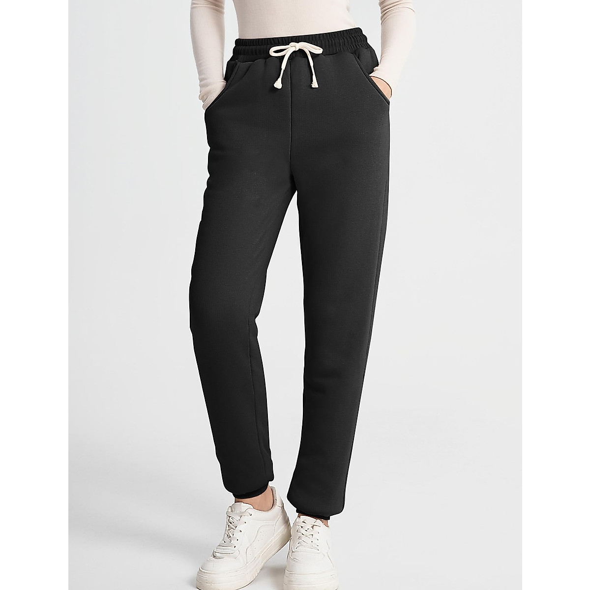 Flygo Women's Winter Warm Fleece Joggers Pants Sherpa Lined Athletic Active Sweatpants(Large, Black)