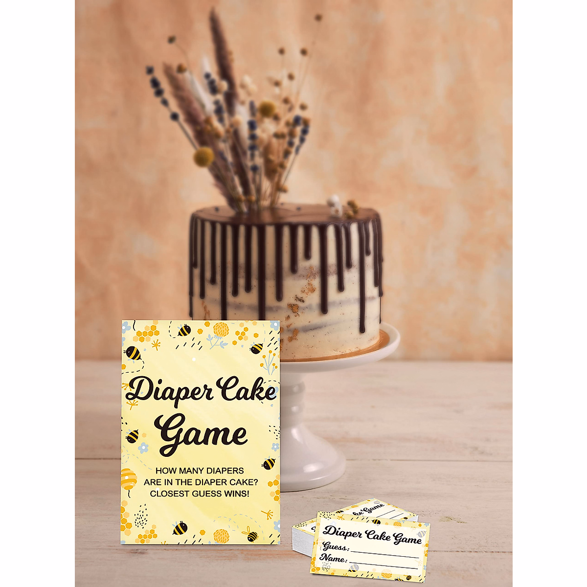 Baby Shower Game Set, Diaper Cake Games(1 Standing Sign + 50 Guessing Cards), Bumble Bee Guess How Many Diapers Party Game, Honey Honeycomb Gender Reveal Party Favor Decor(A05)
