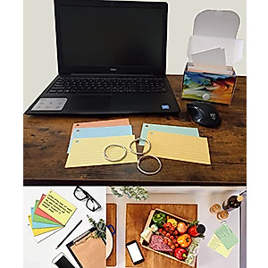 300 ruled index cards with rings (3" x 5") in 6 colors, with storage box. Ideal for students, teachers, note-taking, and language learning. Made in USA.