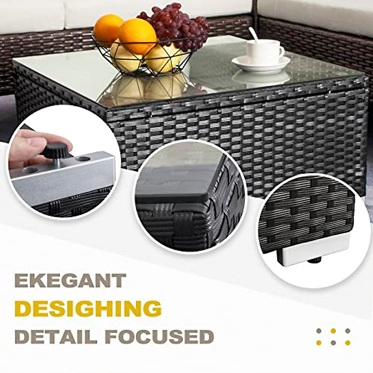 DIMAR GARDEN Outdoor Coffee Table Wicker Patio Side Table with Glass Top,25.2in Black