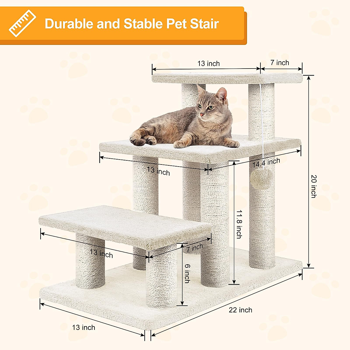 Dog Stairs, Cat Scratching Post 3 Steps Stairs for Cats and Dogs, Stable 20 inch Pet Stairs for High Beds & Sofas Protect Pet's Joints White