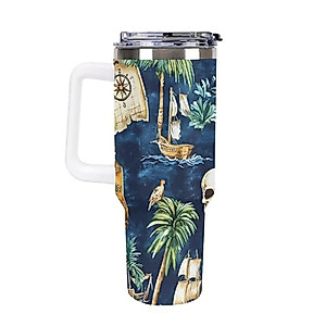 Skull Sailing Ship Parrot Coconut Tree 40oz Water Bottle Double Wall Insulated Tumbler with Handle Leakproof Travel Mug White-style