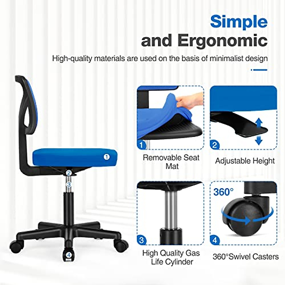Armless Small Home Office Desk Chair, Ergonomic Low Back Computer Chair, Adjustable Rolling Swivel Task Chair with Lumbar Support for Small Space, 1 Pack, Blue