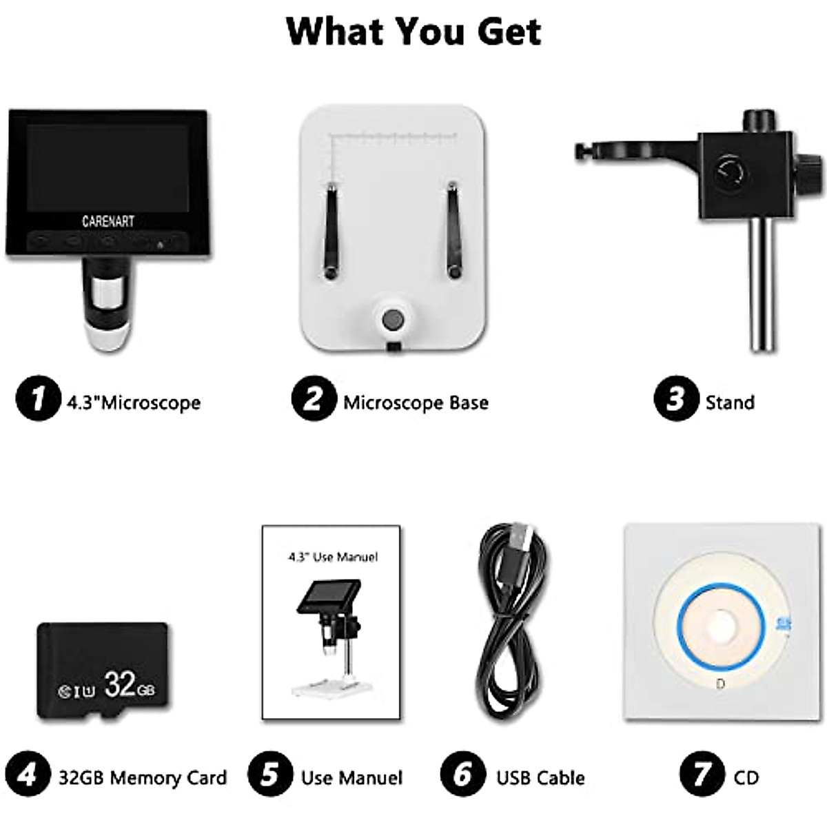 4.3 Inch Digital Microscope, Carenart Coin Microscope with 32GB TF Card 50X-1000X Magnification with 8 Adjustable LED Lights for Adults Kids Outside and Home Use