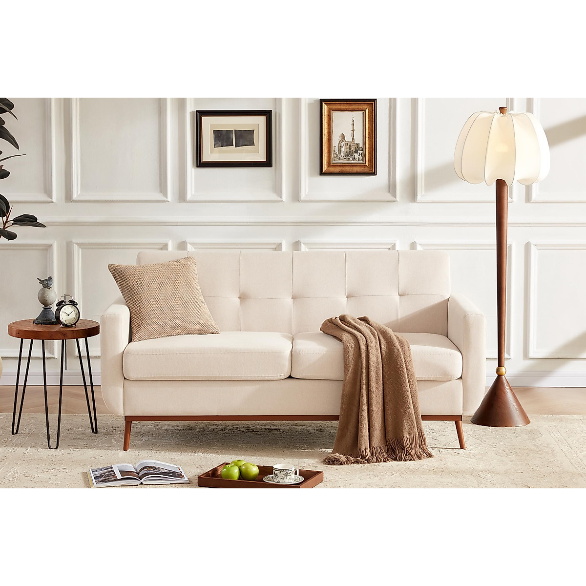 Weture 65" Loveseat Sofa, Mid Century Modern Love Seat Couches for Living Room, Comfy Button Tufted Upholstered Sofa Couch for Bedroom, Solid & Easy to Install Small Couch for Small Spaces, Beige