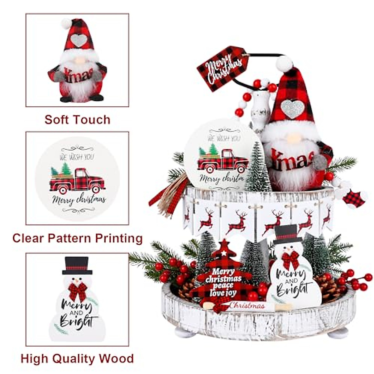 13 Pieces Christmas Tiered Tray Decor Set Christmas Decorations Indoor Winter Wooden Tabletop Signs Red and Black Buffalo Plaid Theme Decor Gnome Snowman Christmas Tree for Christmas Farmhouse Decor