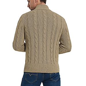 NITAGUT Mens Long Sleeve Stand Collar Cardigan Sweaters Button Down Cable Knitted Sweater,Khaki,Large