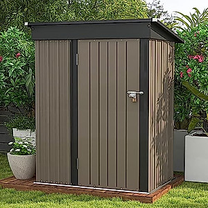 Patiowell 5x3 FT Outdoor Storage Shed, Garden Tool Shed with Sloping Roof and Lockable Door, Metal Shed for Backyard Garden Patio Lawn, Brown