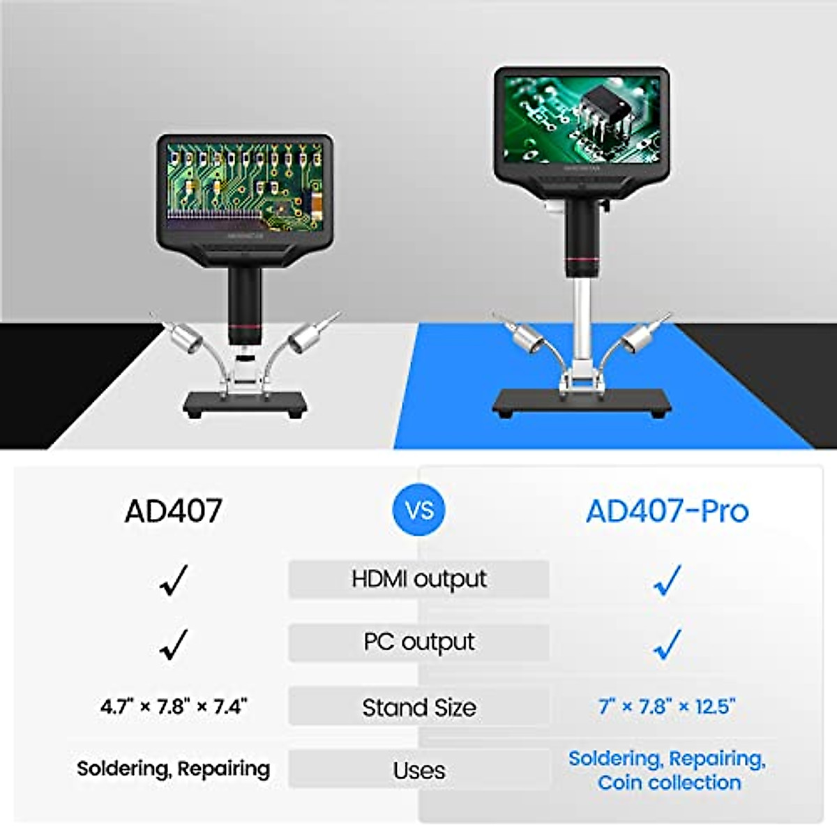 Andonstar AD407Pro 7 inch 270X HDMI Digital Microscope,Upgraded 12.5 inch Metal Stand for Professional PCB Soldering Tools,Support PC Connection to Measure
